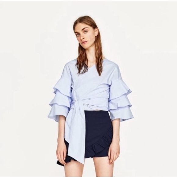 Zara | Tops | Zara Light Blue Ruffle Sleeve Bow Tie Front Blouse Xs ...